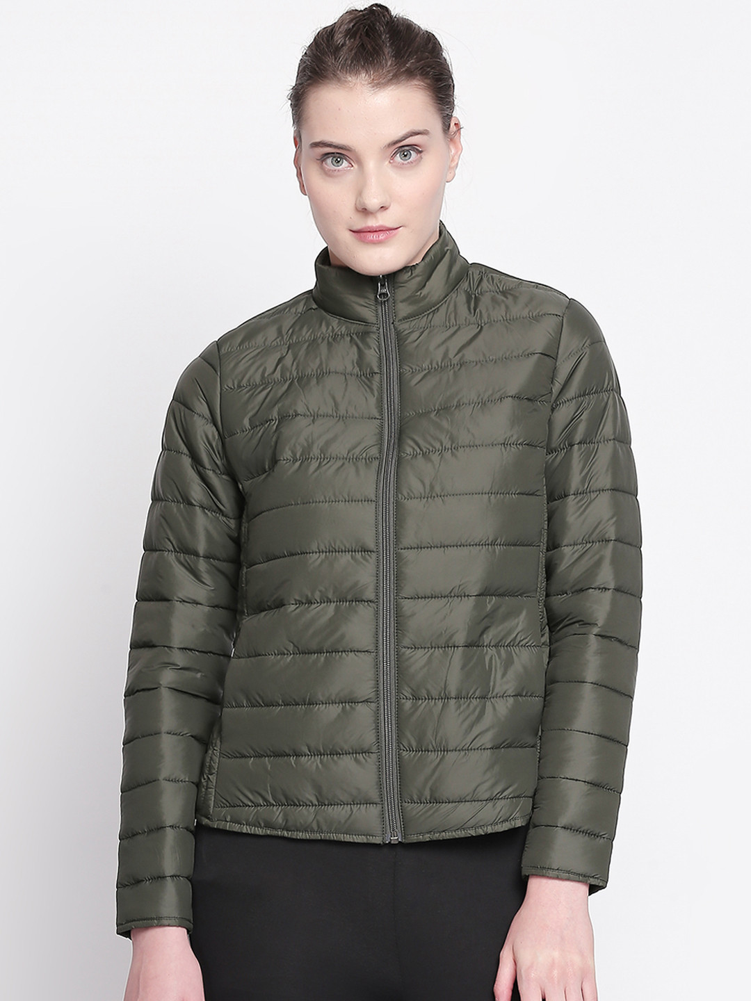 Buy Ajile By Pantaloons Women Olive Green Solid Puffer Jacket - Jackets ...