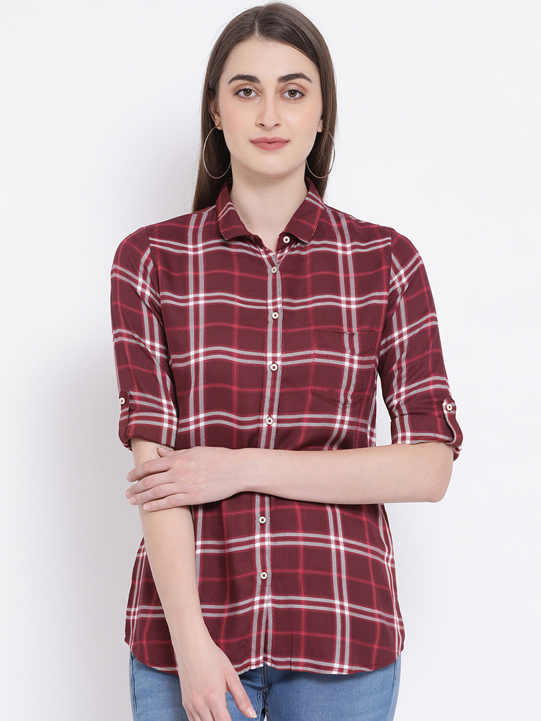 Buy Crimsoune Club Women Maroon & White Slim Fit Checked Casual Shirt ...