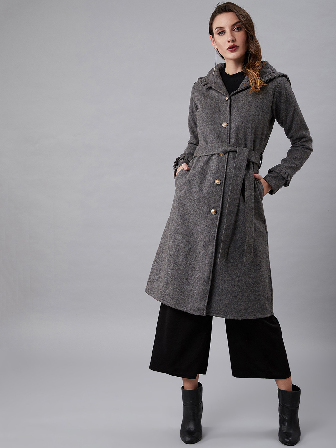 Buy Athena Women Grey Solid Knee Length Hooded Overcoat - Coats for ...