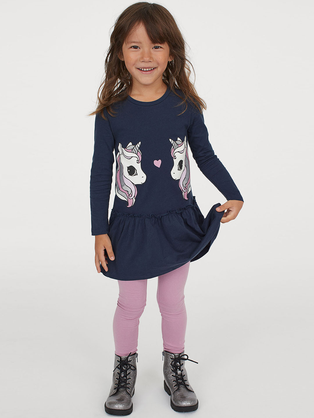Buy H&M Girls Navy Blue & White Printed Jersey Dress And Leggings ...