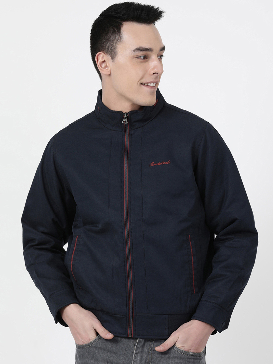 Buy Monte Carlo Men Navy Blue Solid Padded Jacket - Jackets for Men ...