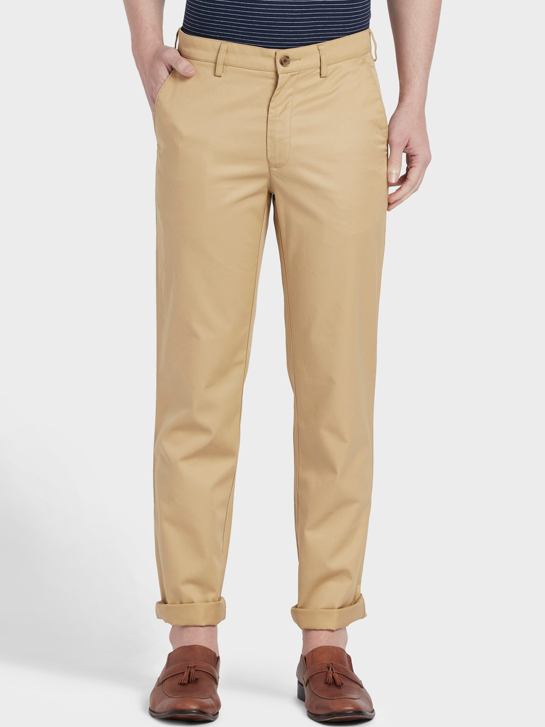 Buy ColorPlus Men Beige Solid Regular Fit Regular Trousers - Trousers ...