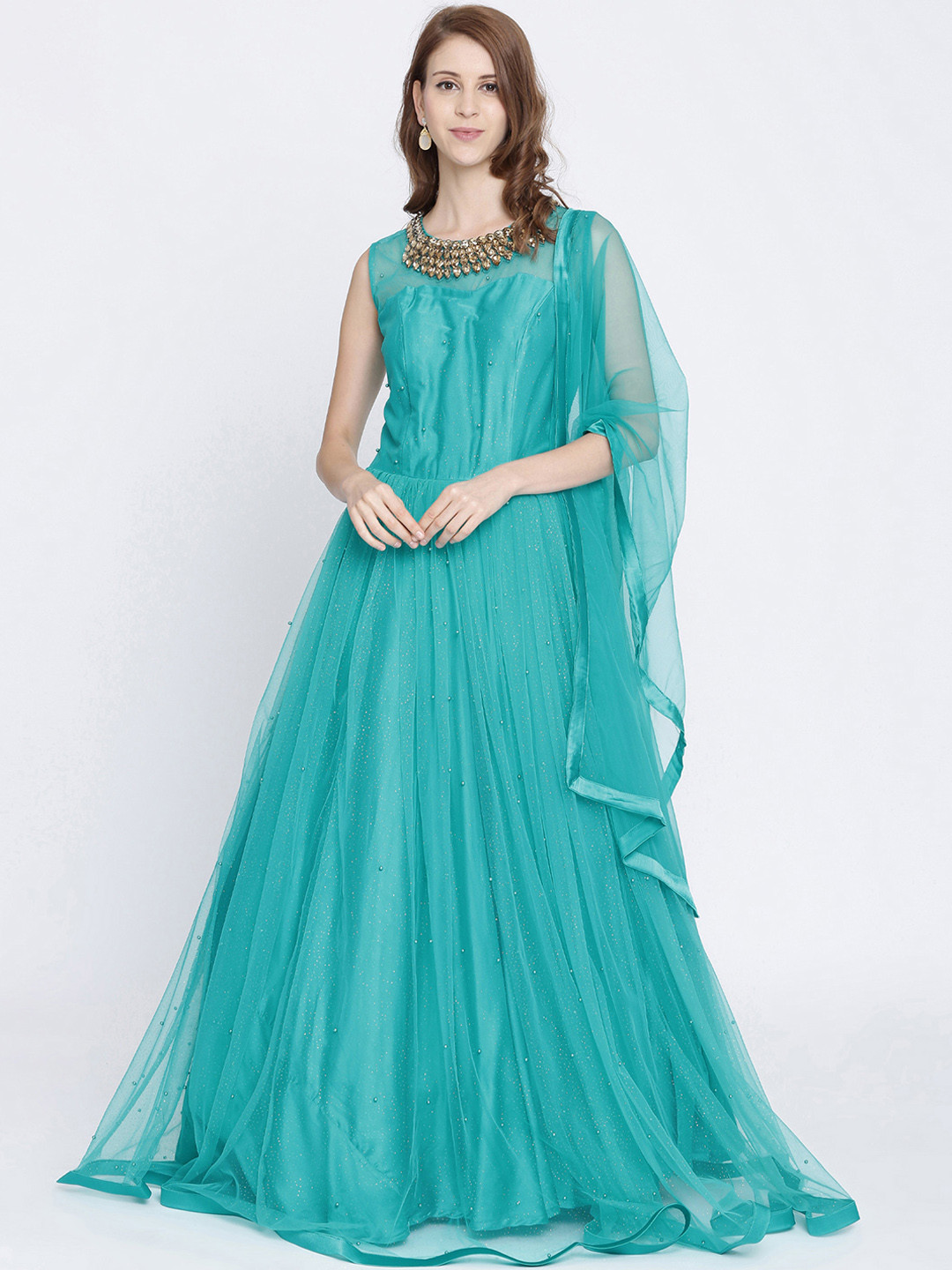 Buy Koskii Women Turquoise Blue Embellished Ethnic Maxi Dress With ...