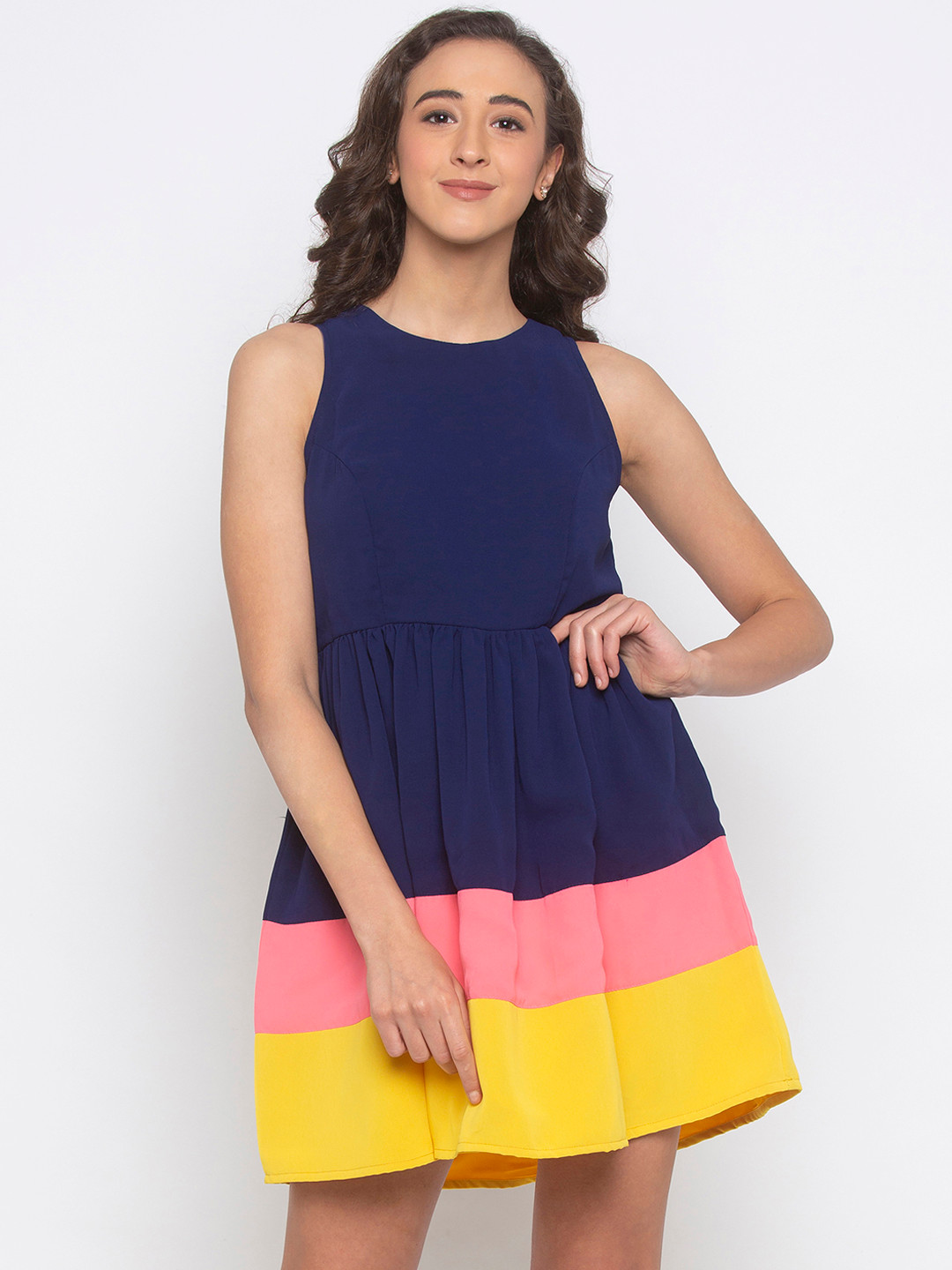Buy Iti Women Navy Blue Colourblocked Fit And Flare Dress - Dresses for ...