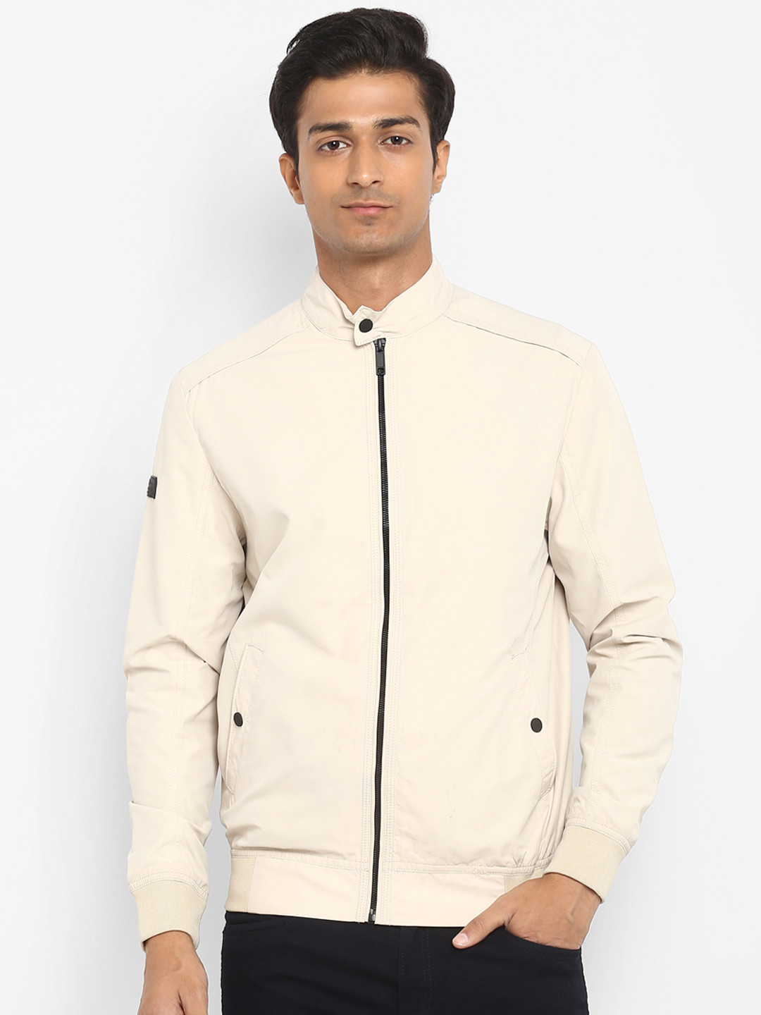 Buy Mufti Men Cream Coloured Solid Bomber Jacket - Jackets for Men ...