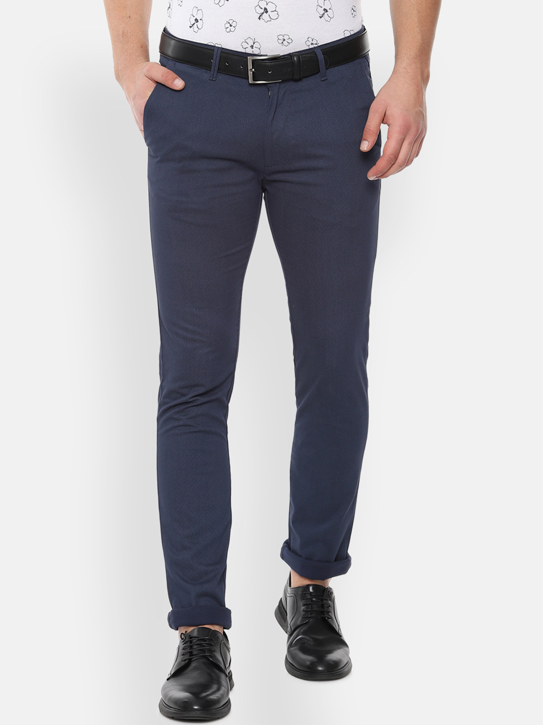 Buy V Dot Men Navy Blue Slim Fit Self Design Regular Trousers ...