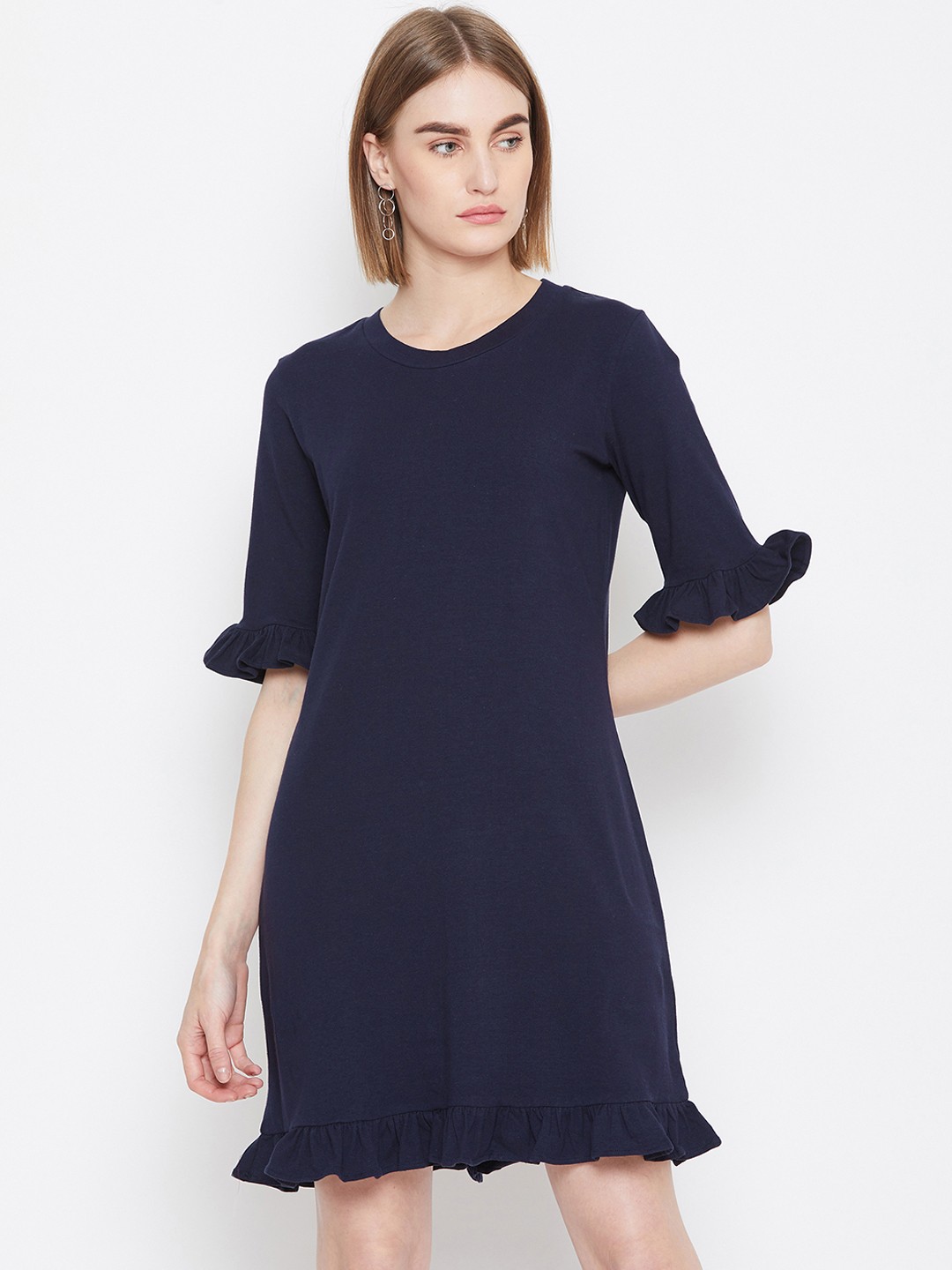 Buy Femella Women Navy Blue Solid Fit And Flare Dress Dresses For