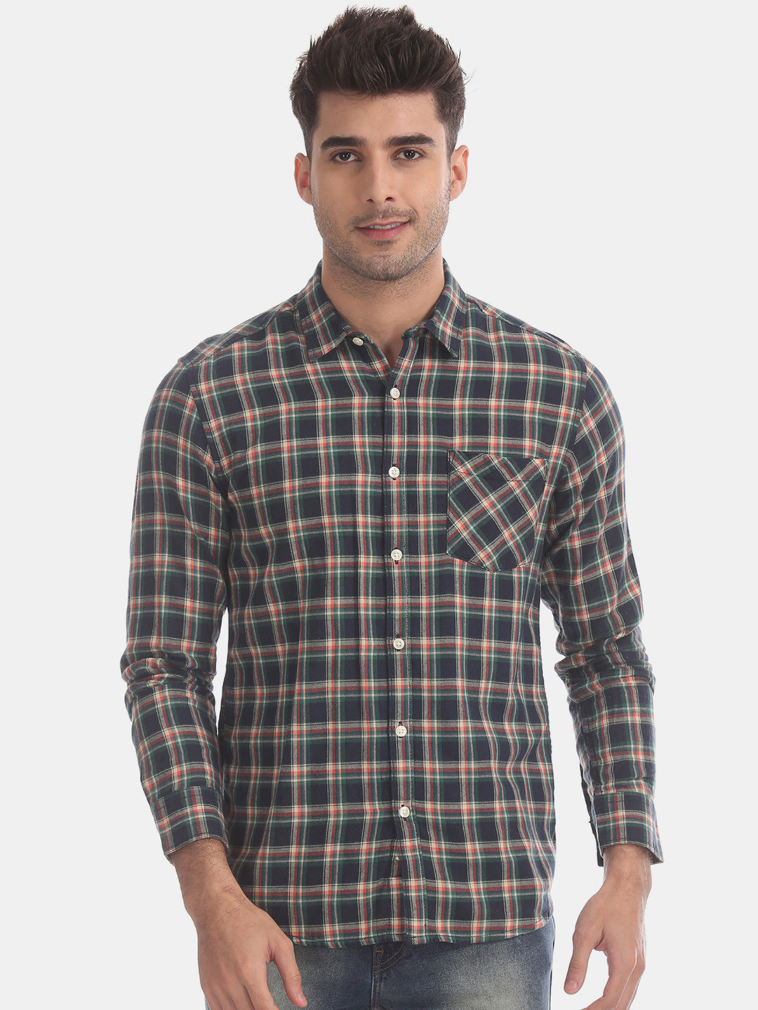 Buy Flying Machine Men Blue & Beige Regular Fit Checked Casual Shirt ...