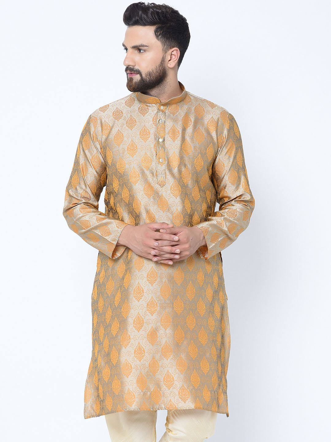 Buy TAG 7 Men Gold Toned Woven Design Straight Kurta - Kurtas for Men ...