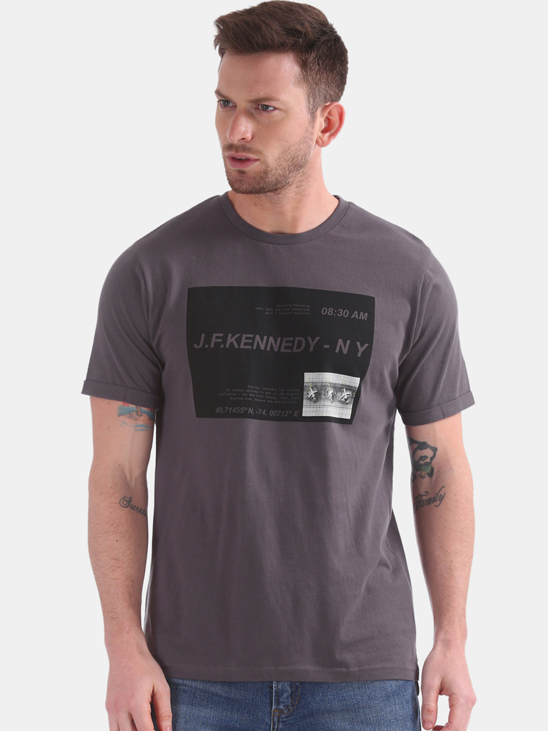 Buy Colt Men Charcoal Grey Printed Round Neck Pure Cotton T Shirt ...