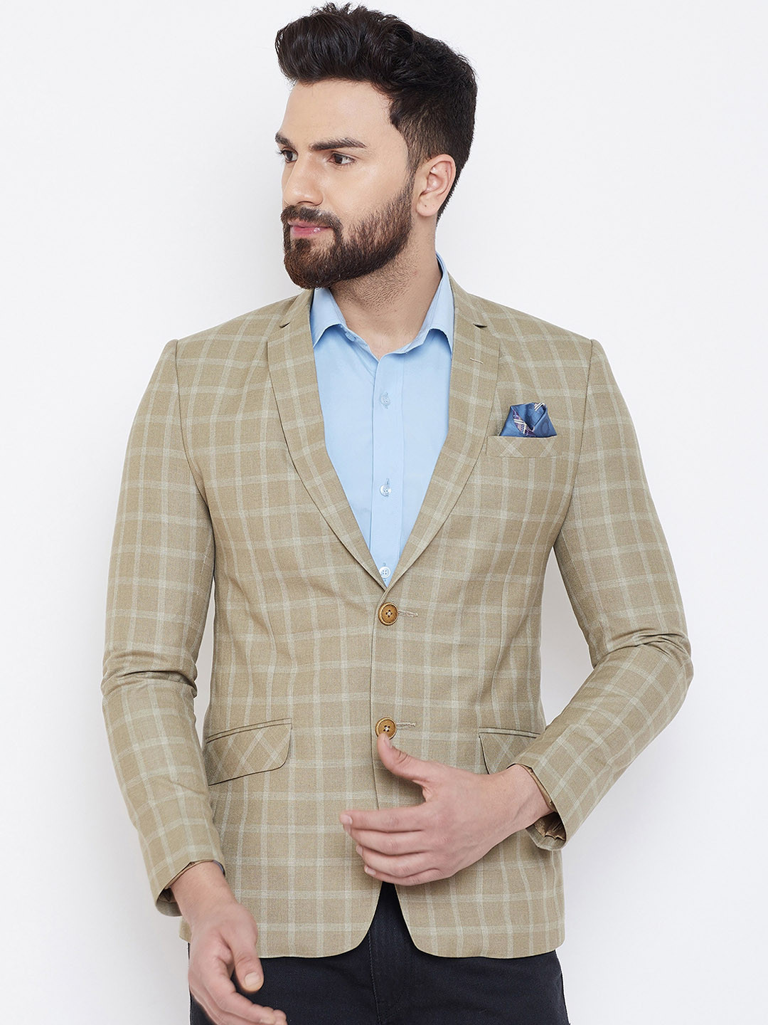 Buy Spirit Men Beige Checked Single Breasted Tailored Fit Blazer ...