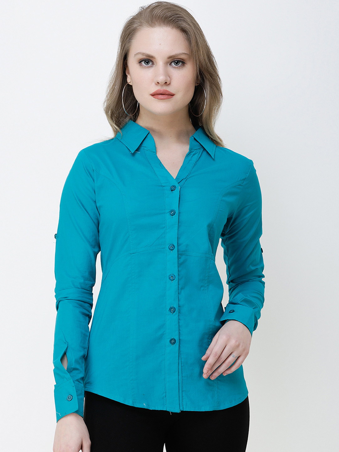 Buy SCORPIUS Women Turquoise Blue Solid Slim Fit Formal Shirt - Shirts ...