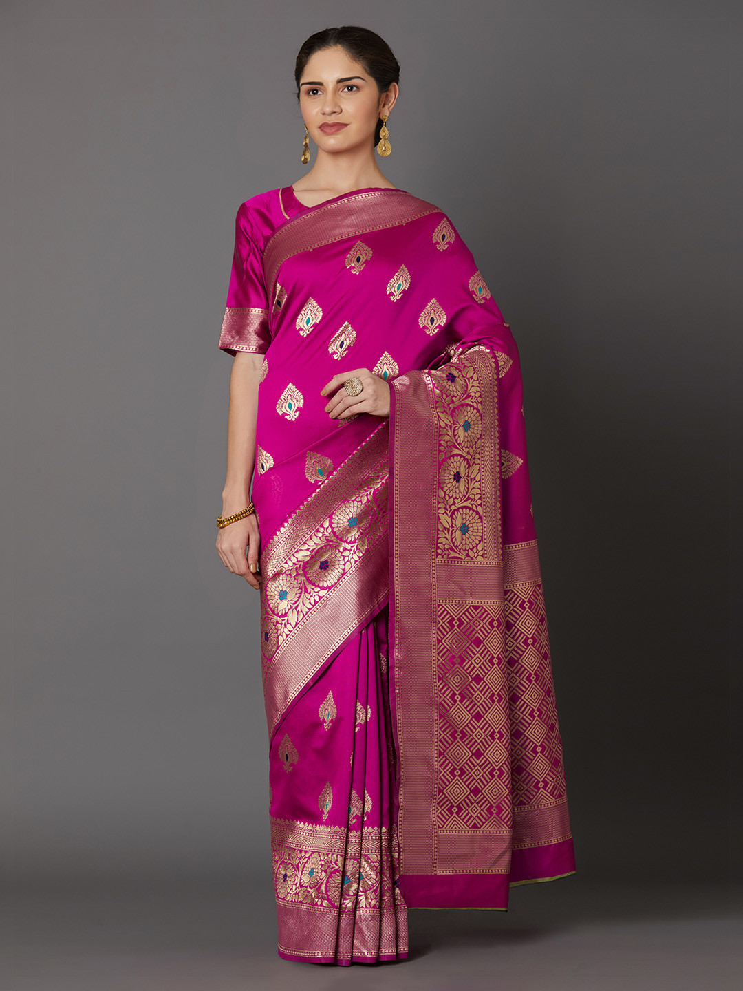 Buy Mitera Pink & Gold Toned Silk Blend Woven Design Kanjeevaram Saree ...