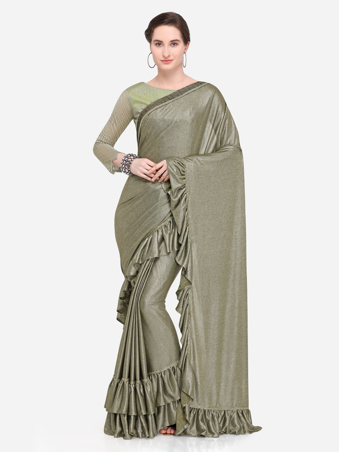 Buy Mitera Green Solid Poly Silk Ruffle Saree - Sarees for Women ...
