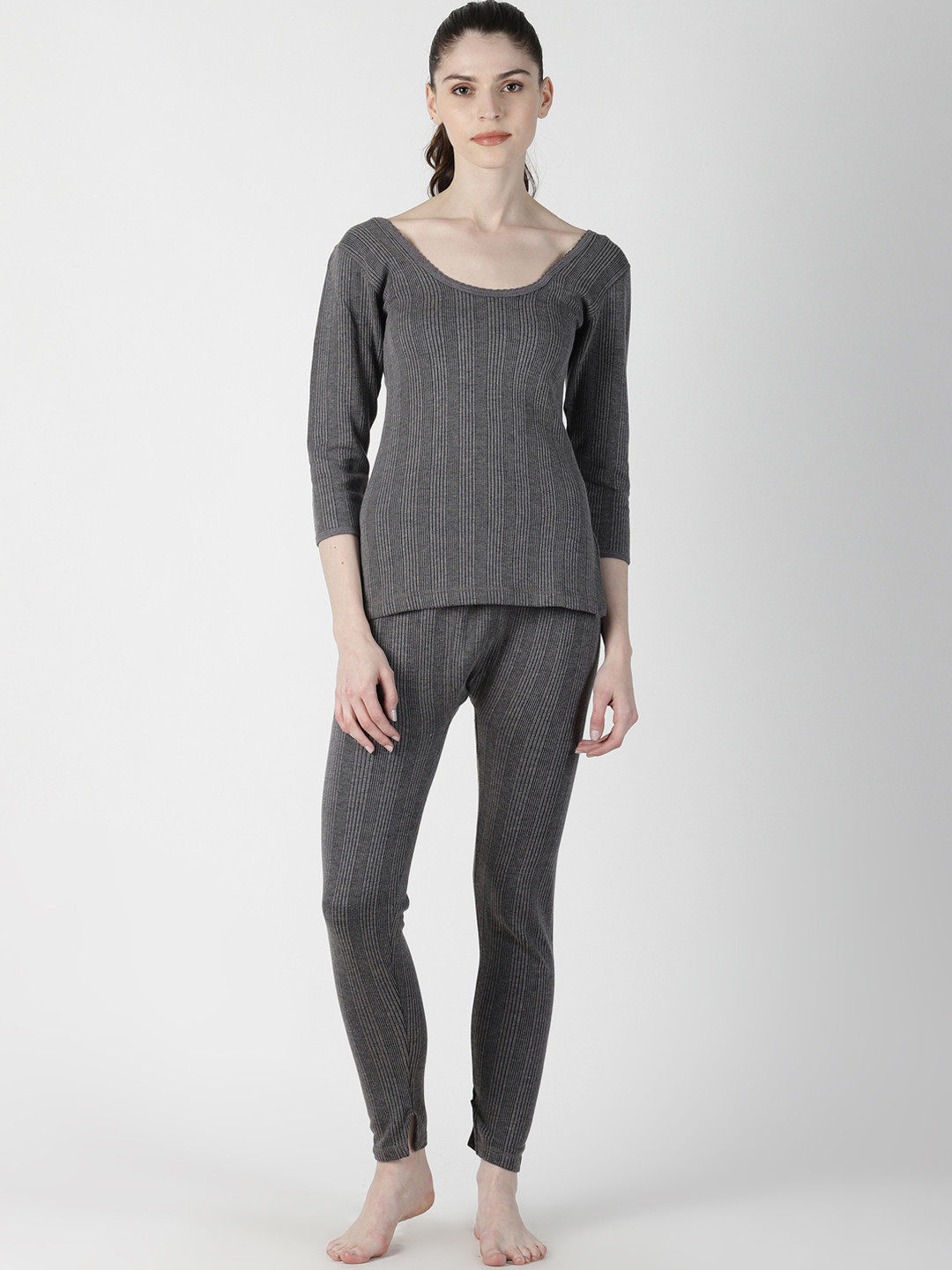 Buy Dollar Ultra Women Grey Striped Thermal Set - Thermal Set for Women ...