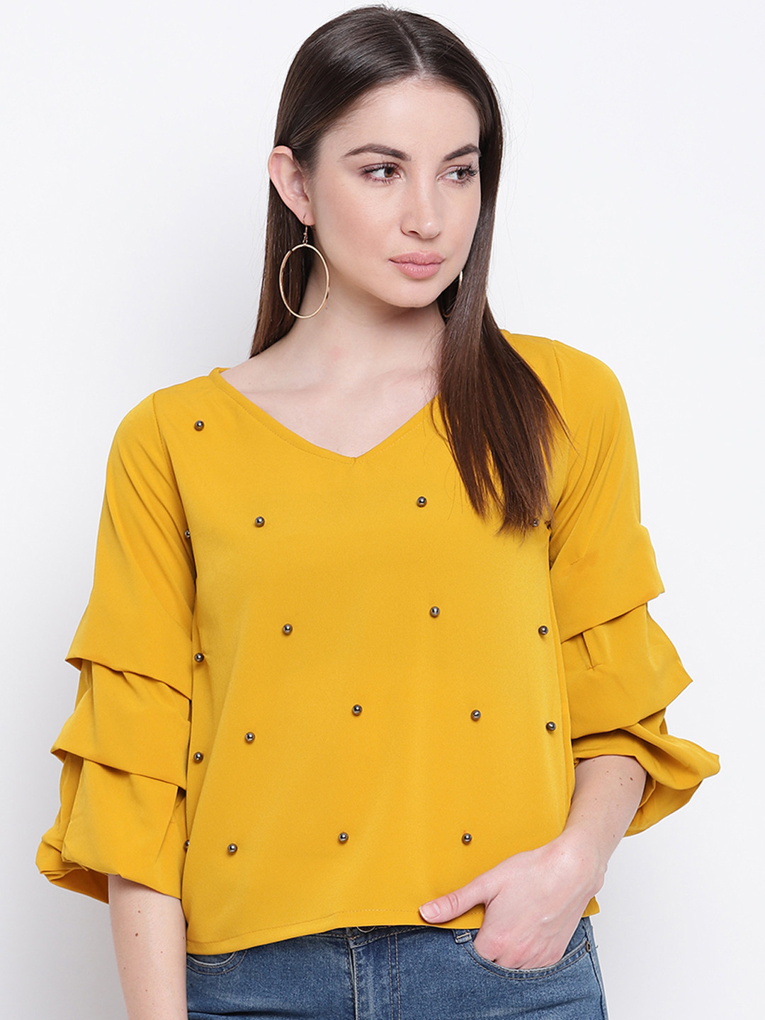 Buy Mayra Women Mustard Yellow Embellished Top - Tops for Women ...