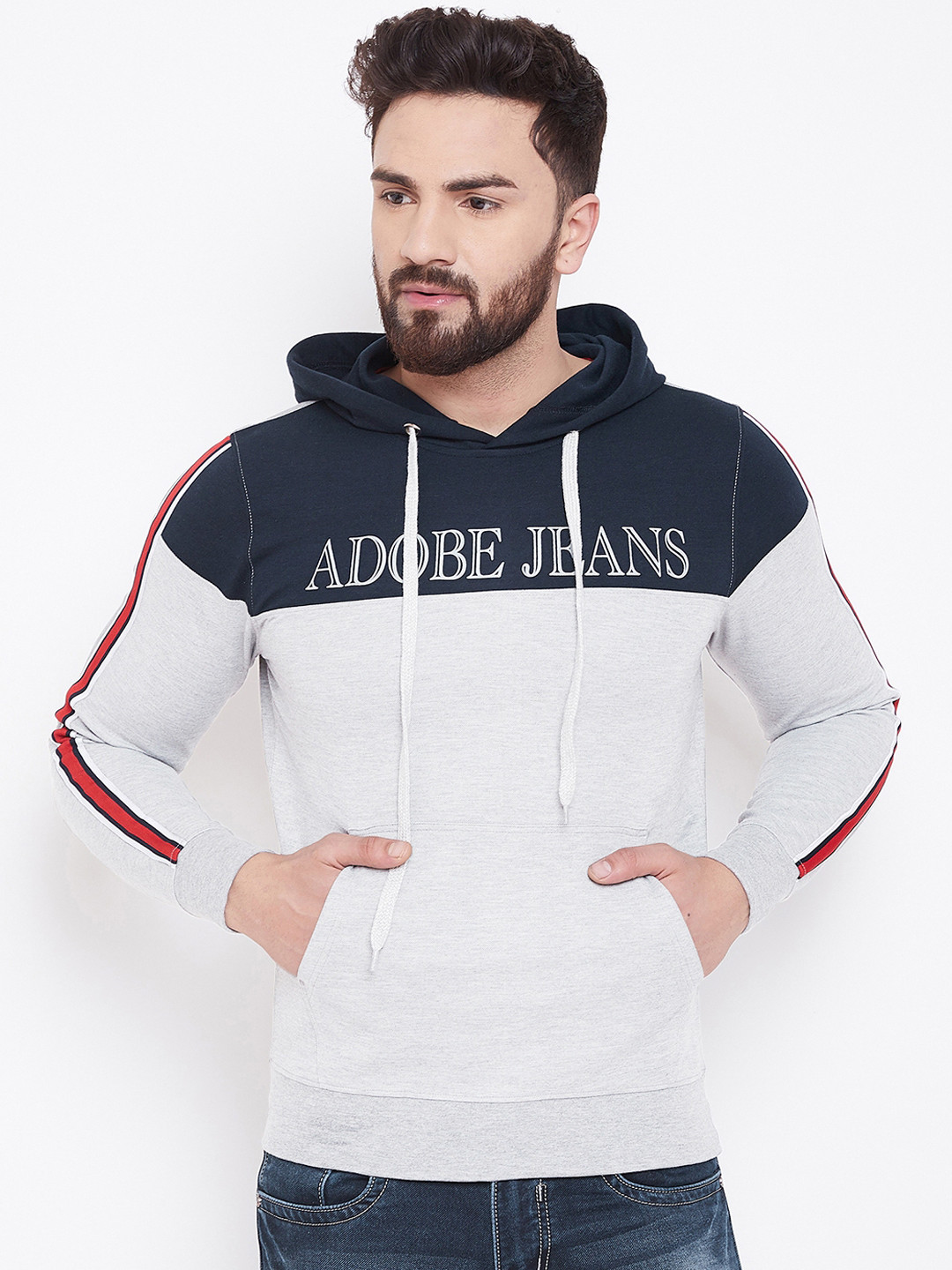 Buy Adobe Men Grey Melange & Navy Blue Colourblocked Hooded Sweatshirt ...