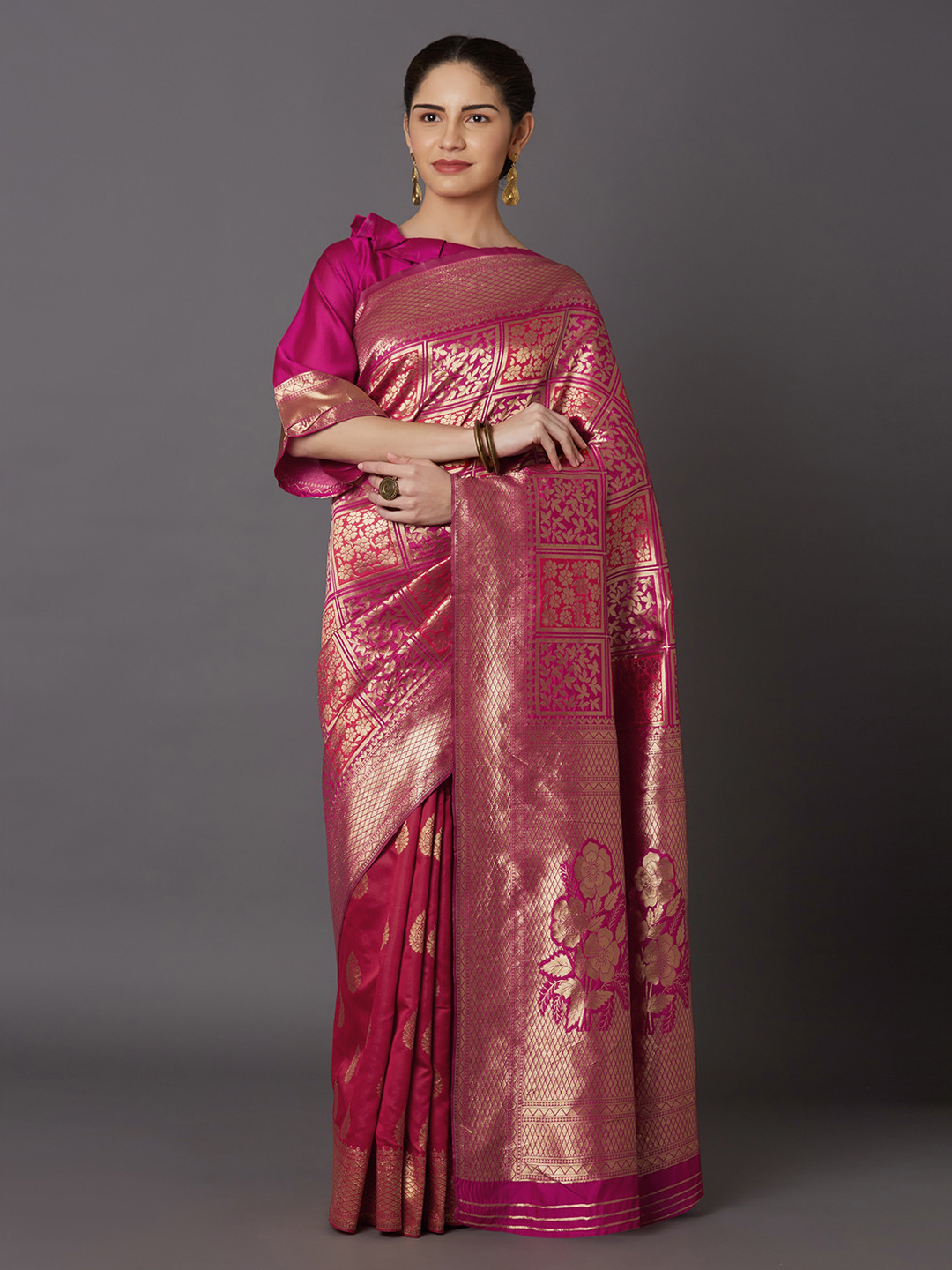 Buy Mitera Pink & Gold Toned Silk Blend Woven Design Kanjeevaram Saree ...