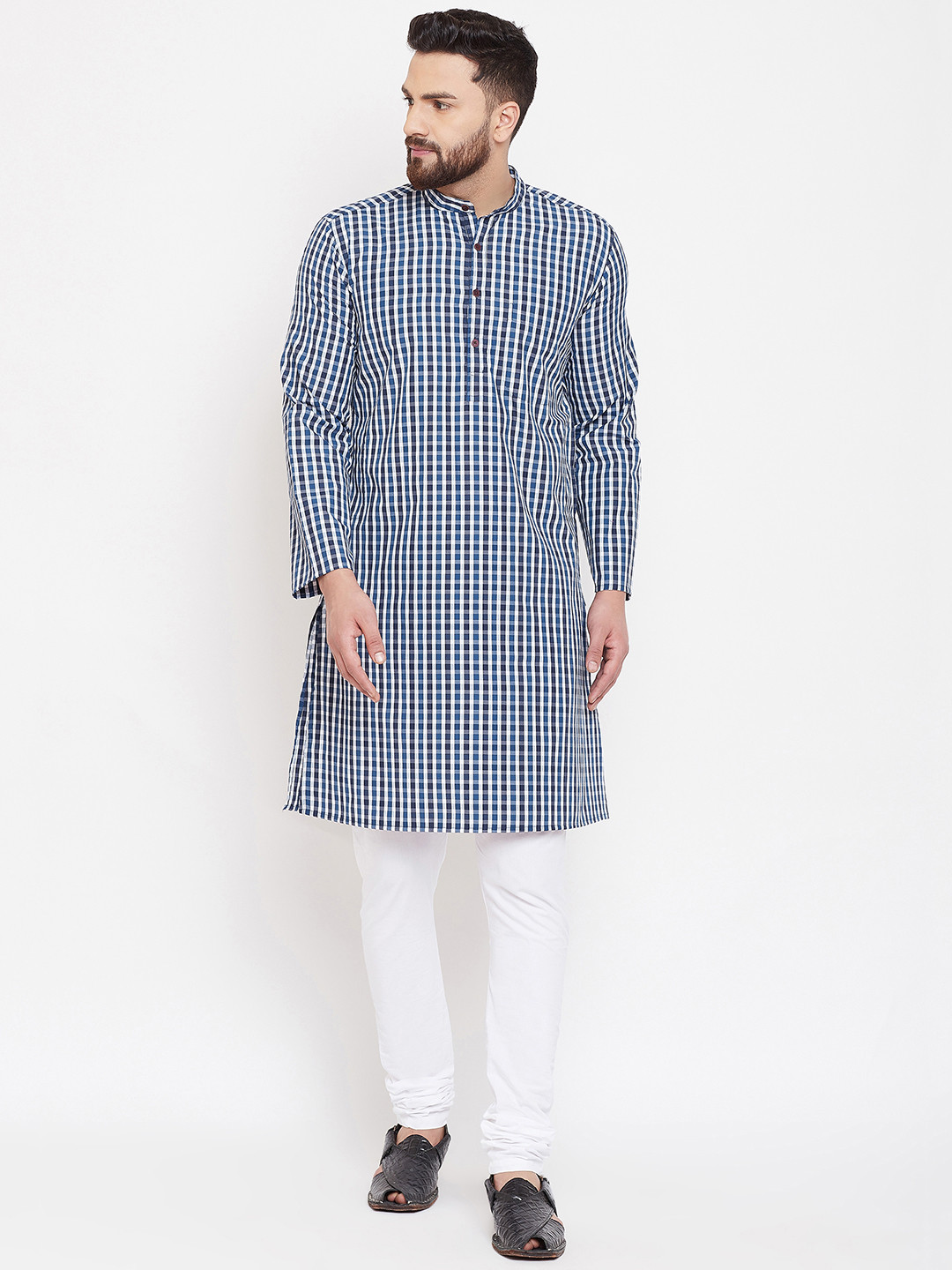 Buy Even Men Blue & White Checked Straight Kurta - Kurtas for Men ...