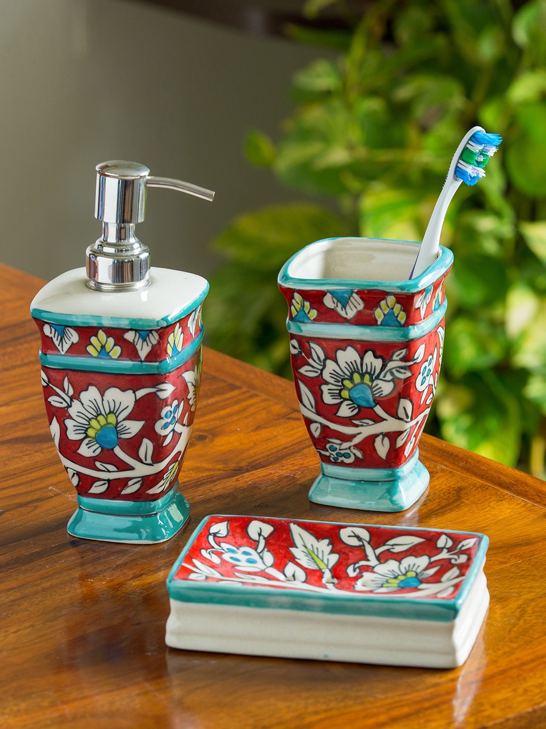 Buy Exclusivelane Turquoise Blue And Red 3 Pieces Floral Ceramic Bathroom