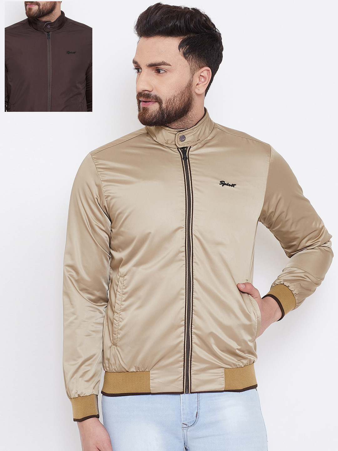 Buy Spirit Men Beige & Brown Solid Reversible Bomber Jacket - Jackets ...