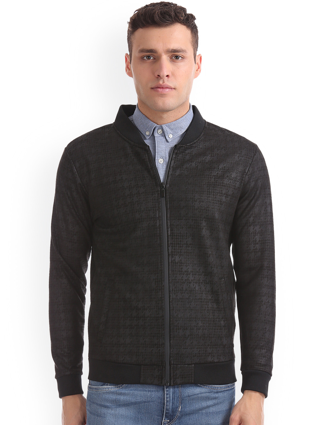 Buy Arrow New York Men Black Self Design Bomber - Jackets for Men ...