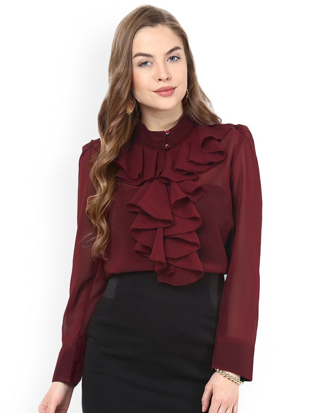 Buy La Zoire Maroon Ruffles Georgette Top - Tops for Women 8861985 | Myntra