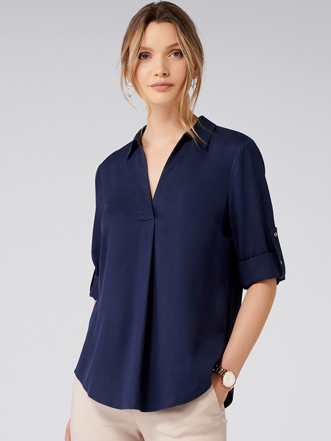 Buy Forever New Women Navy Blue Solid Shirt Style Top - Tops for Women ...