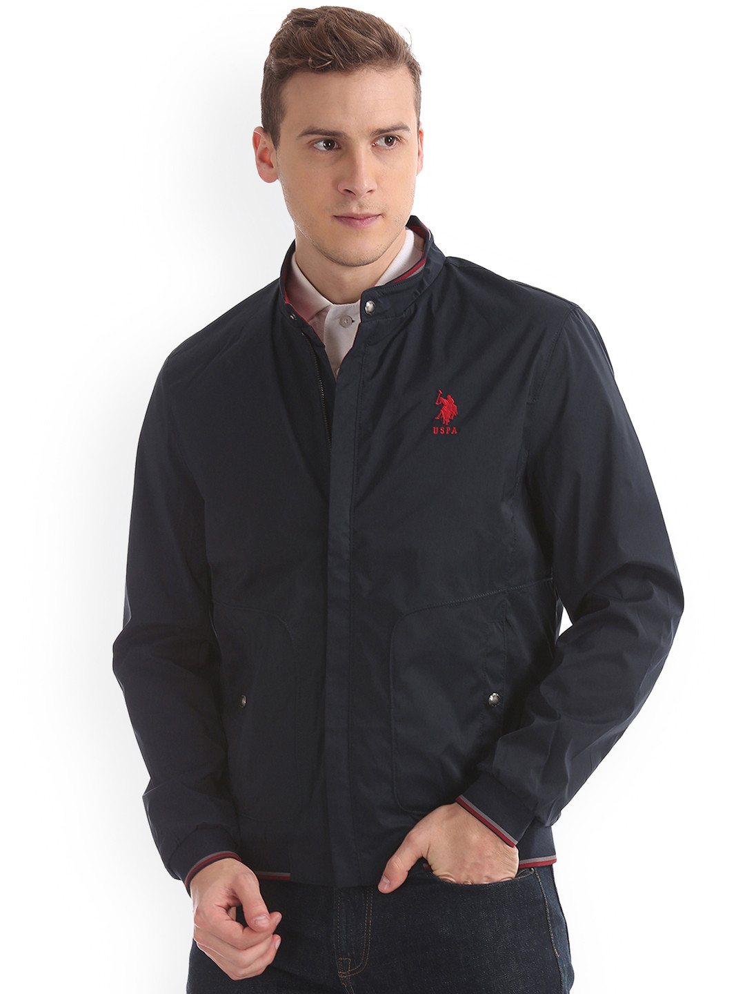 Buy U.S. Polo Assn. Men Navy Blue Solid Bomber - Jackets for Men ...