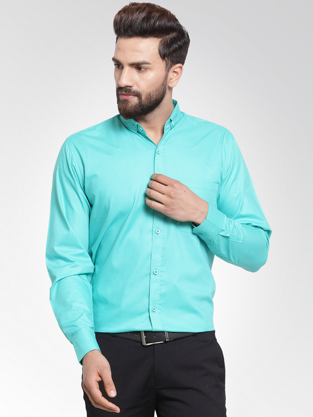 Buy JAINISH Men Turquoise Blue Classic Slim Fit Solid Formal Shirt ...
