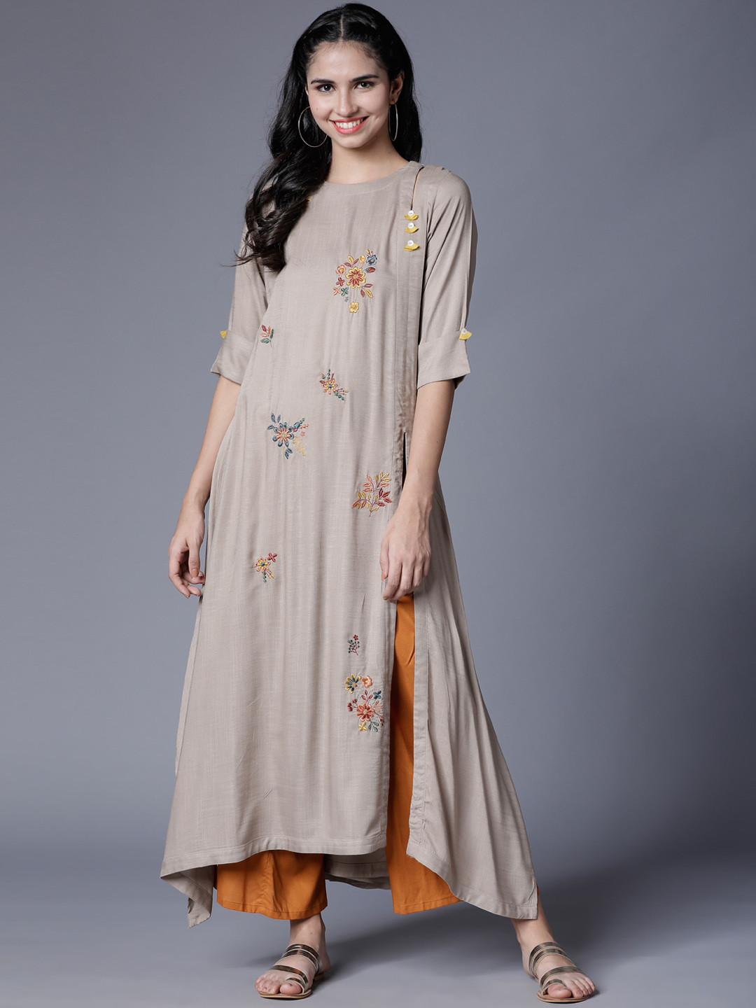 Buy Vishudh Women Beige Embroidered A Line Kurta - Kurtas for Women ...