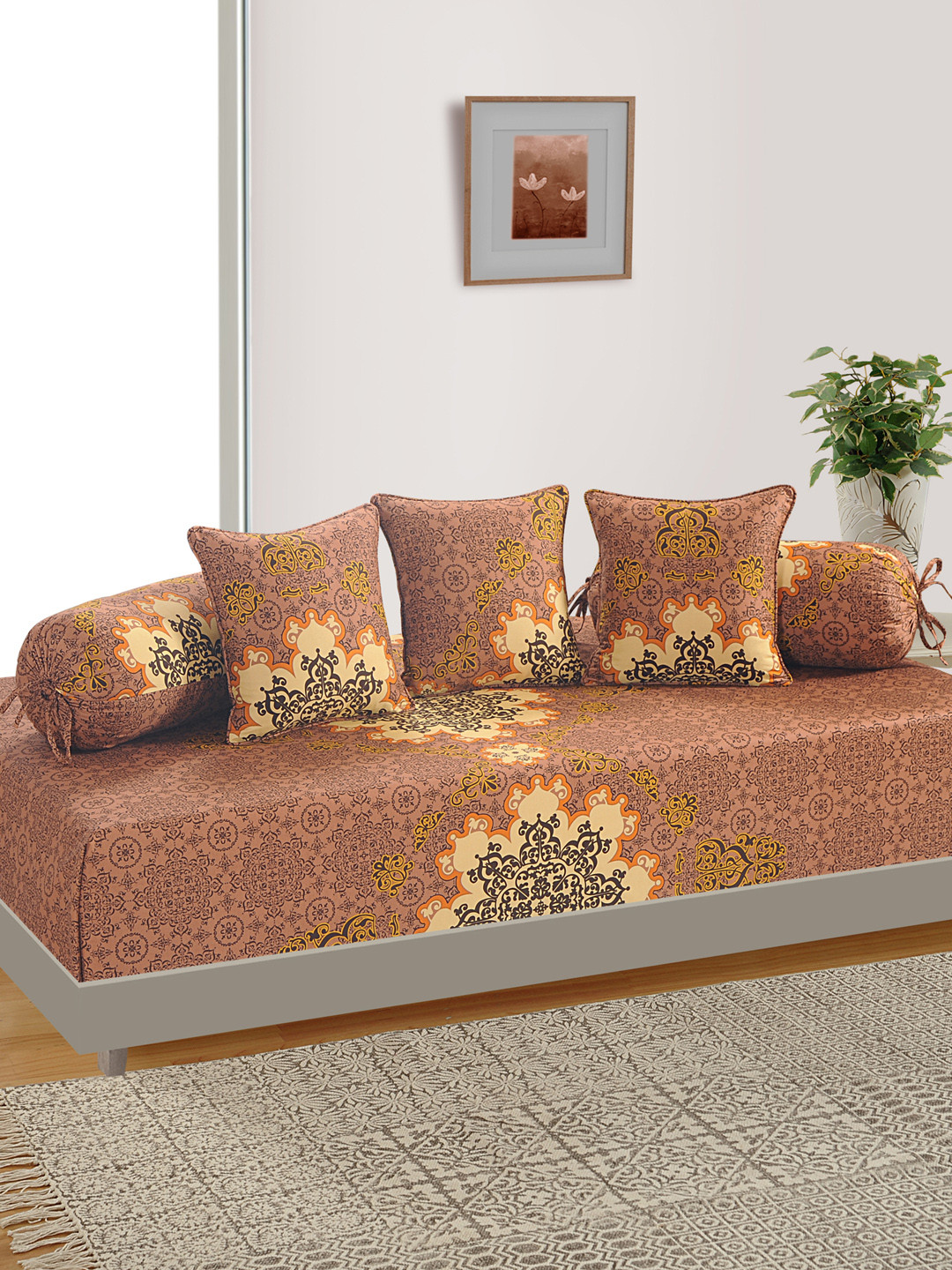 Buy SWAYAM Unisex Set Of 6 Brown Printed Diwan Set - Diwan Set for ...