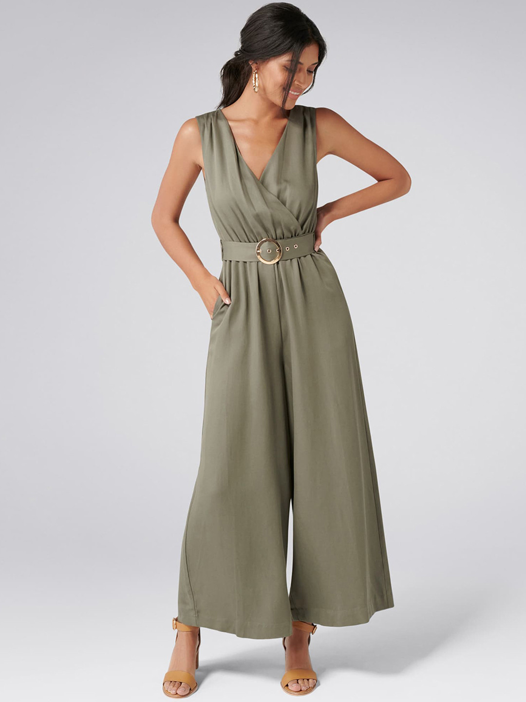 Buy Forever New Olive Green Solid Basic Jumpsuit - Jumpsuit for Women ...