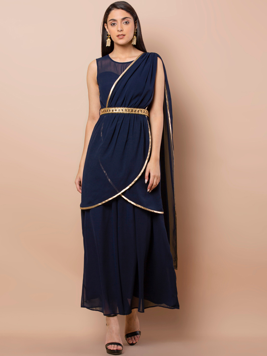 Buy INDYA Women Navy Blue Solid Saree Tunic - Sarees for Women 9374877 ...