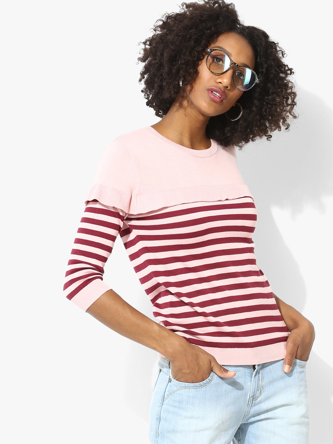 Buy Pink Striped Sweater - Sweaters for Women 9648105 | Myntra
