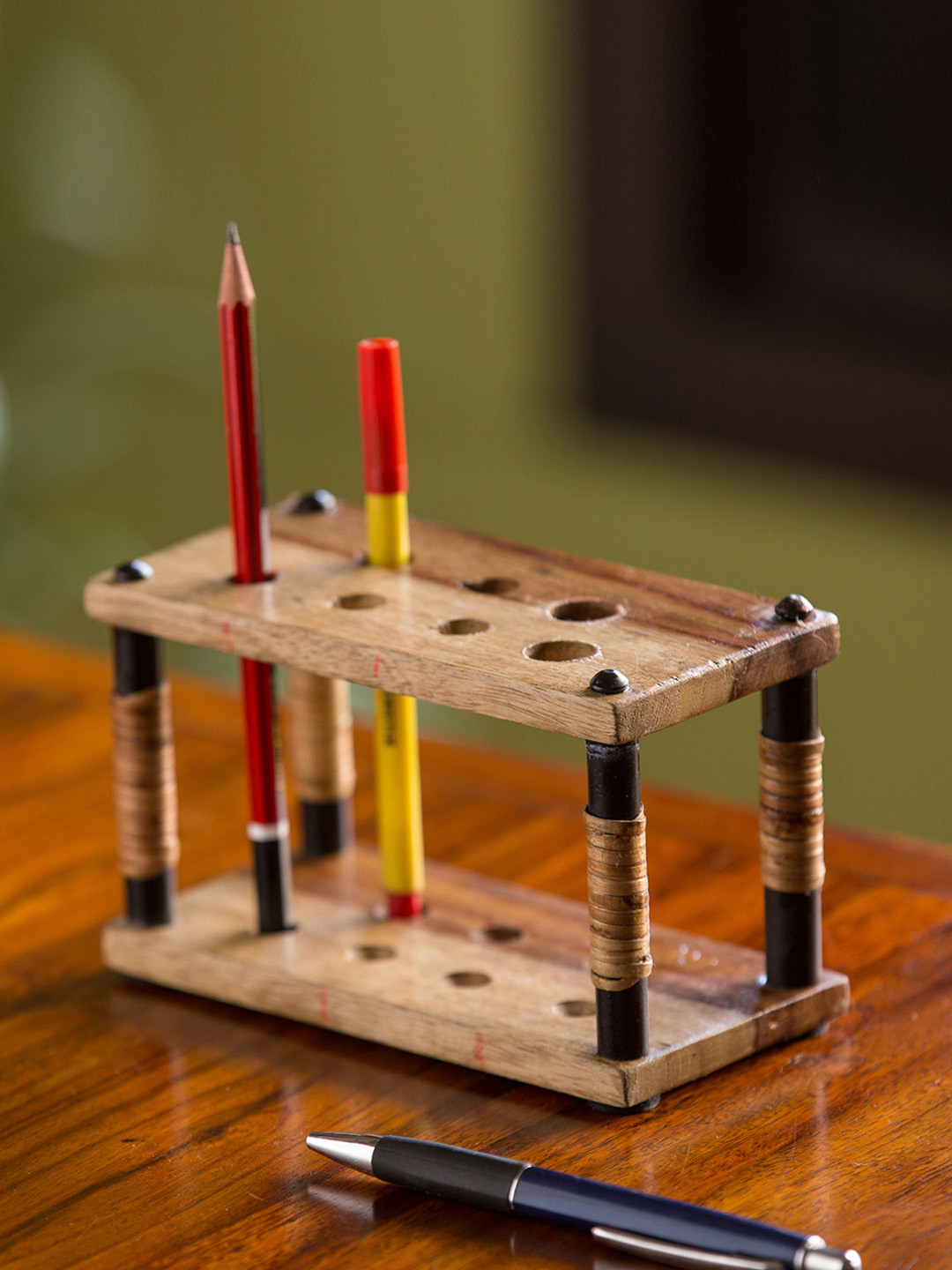 Buy ExclusiveLane Cane Handwoven Pen Holder In Sheesham Wood & Iron ...