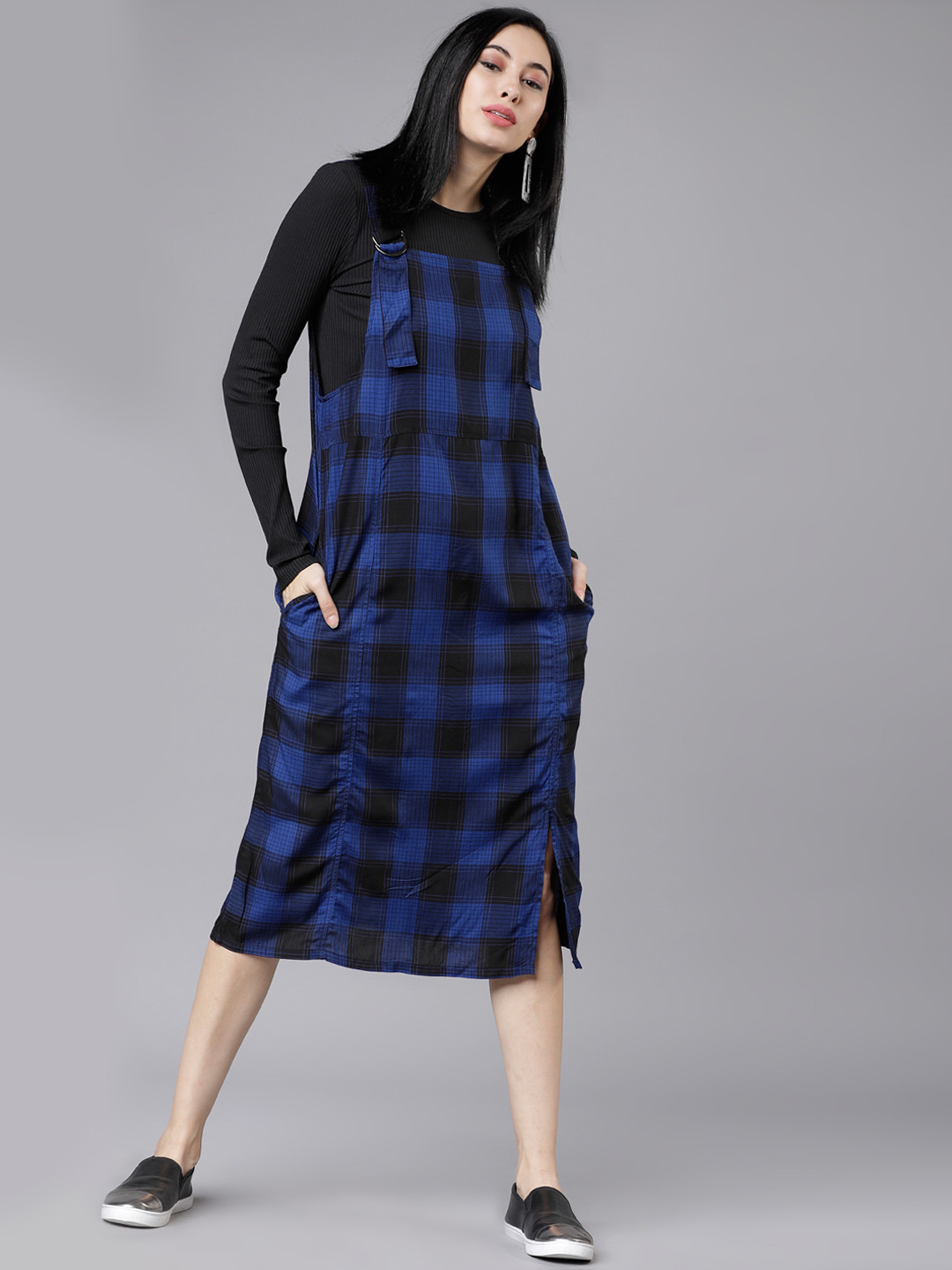 Buy Tokyo Talkies Women Blue Checked Pinafore Dress - Dresses for Women ...