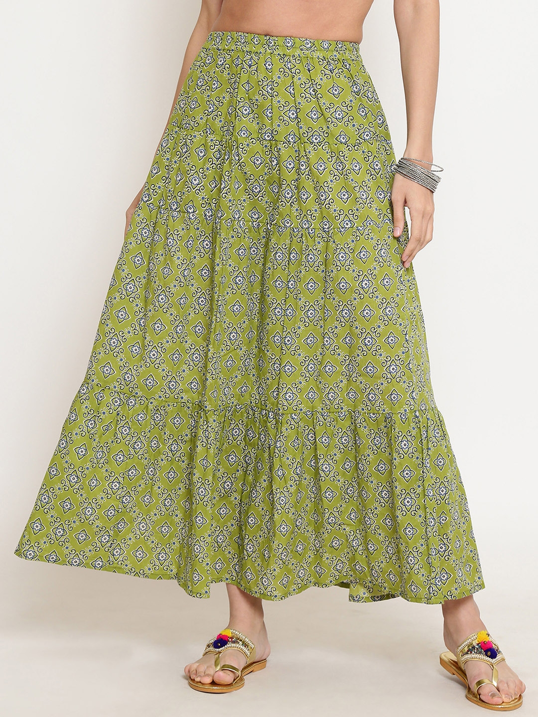 Buy Sera Women Green And Blue Printed Tiered Maxi Pure Cotton Skirt