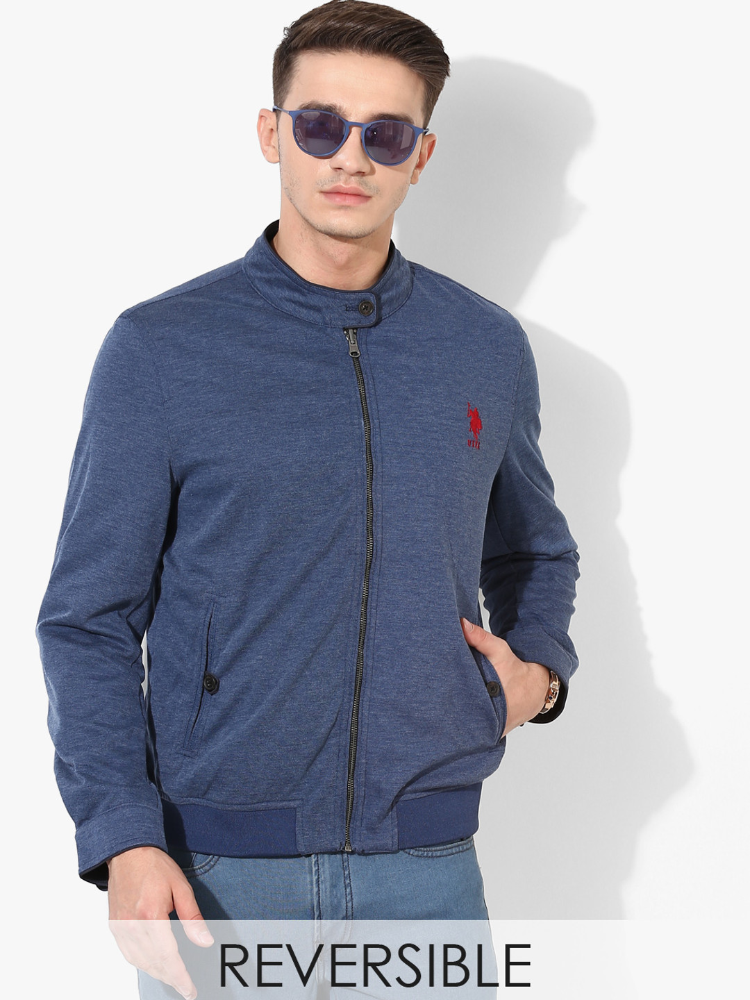 Buy U.S. Polo Assn. Men Navy Blue Solid Reversible Bomber Jacket ...