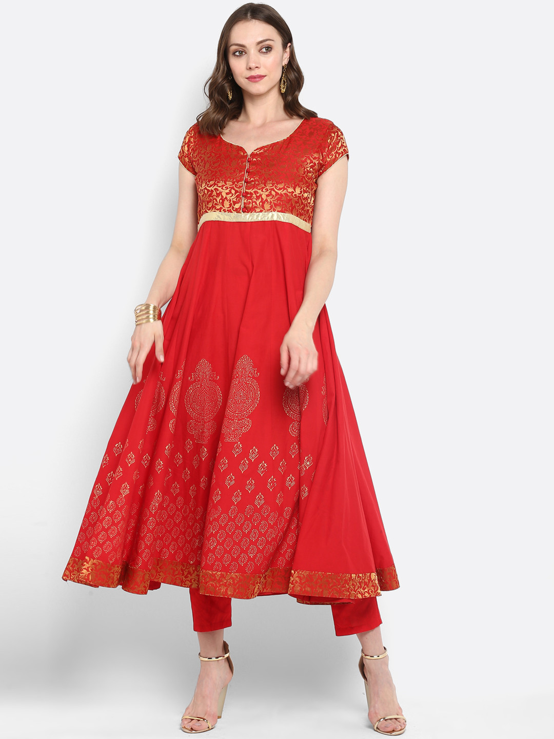 Buy MBE Women Red & Gold Coloured Block Print A Line Kurta - Kurtas for ...