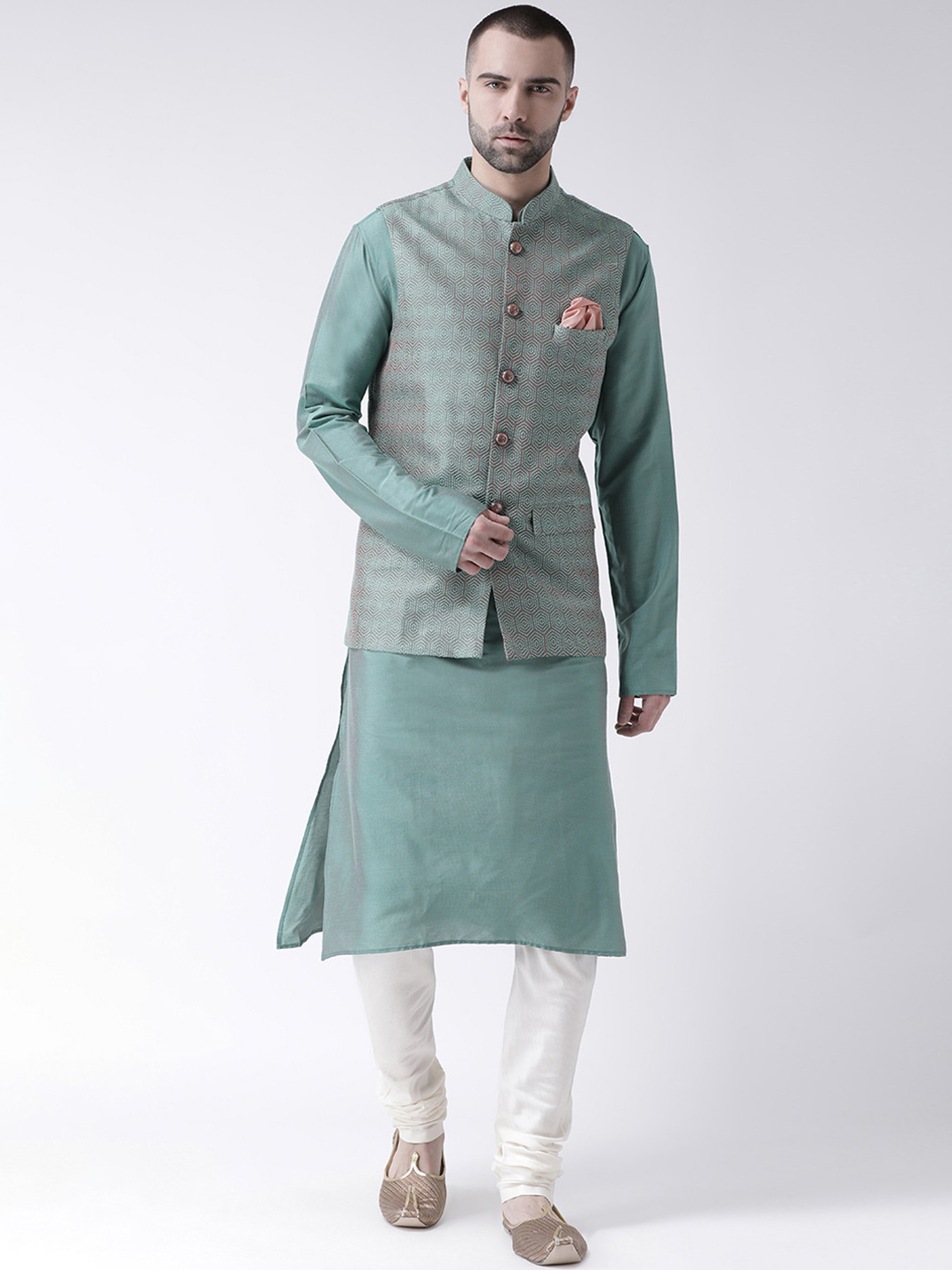 Buy KISAH Men Sea Green & White Solid Churidar Kurta With Nehru Jacket ...