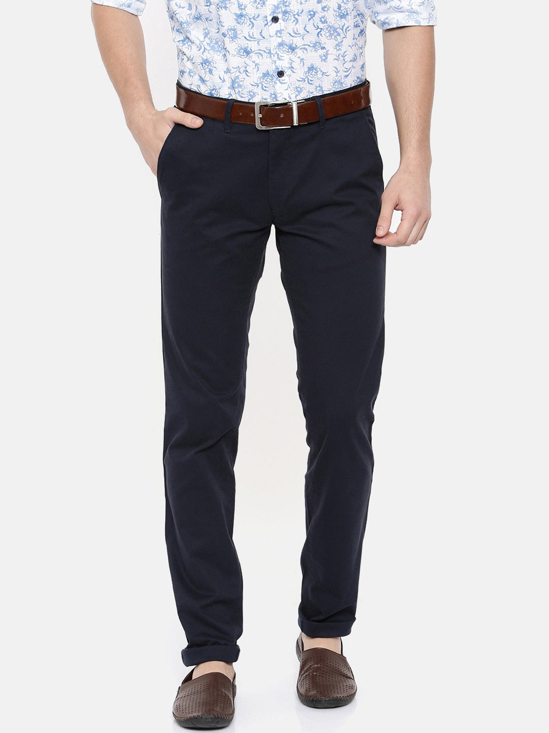 Buy COOL COLORS Men Navy Blue Slim Fit Solid Regular Trousers ...