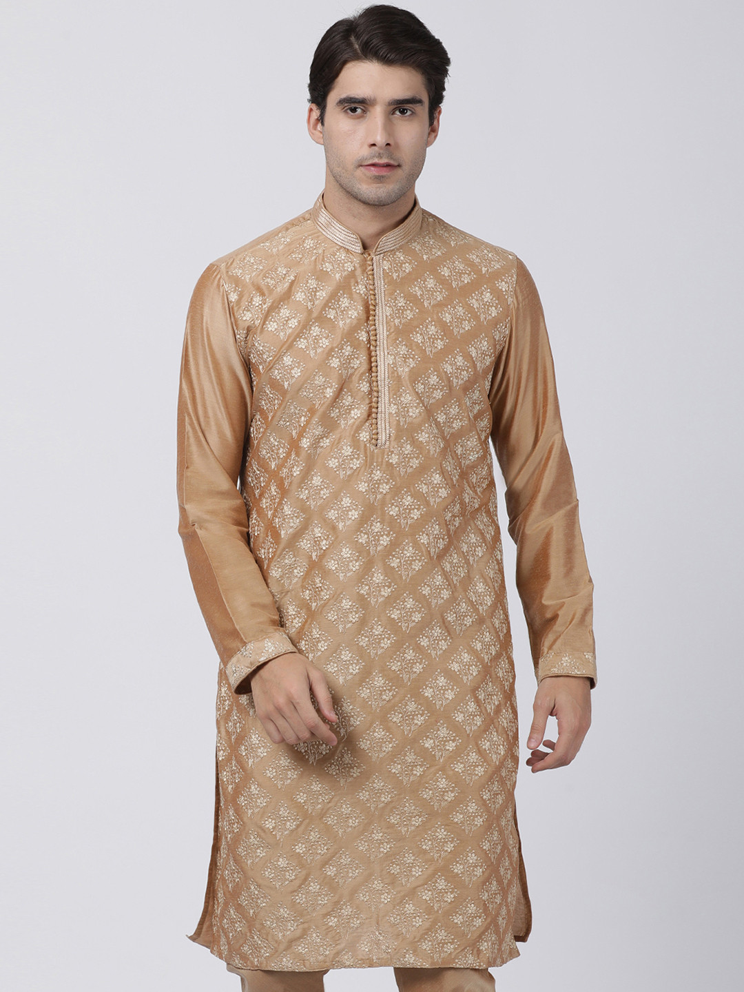 Buy VASTRAMAY Men Beige Woven Design Straight Kurta - Kurtas for Men ...