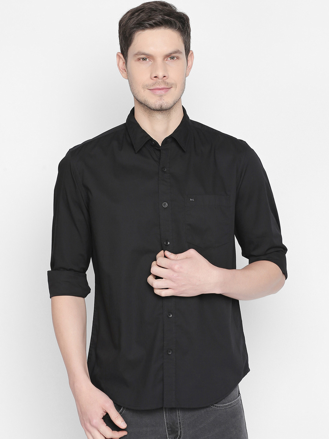 Buy Basics Men Black Slim Fit Solid Casual Shirt - Shirts for Men ...