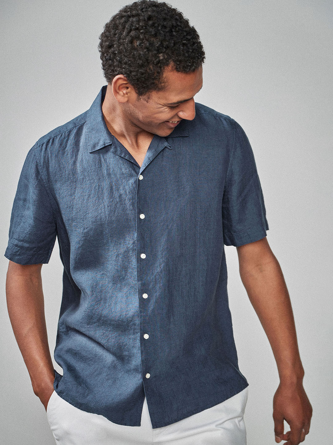 Buy Next Men Navy Blue Regular Fit Solid Pure Linen Casual Shirt ...