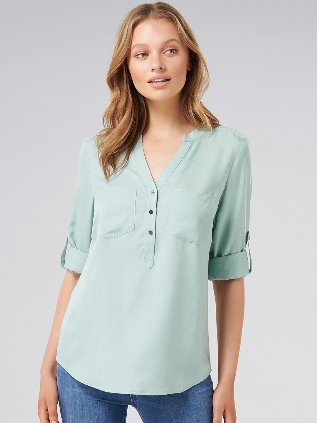 Buy Forever New Women Blue Solid Shirt Style Top - Tops for Women ...