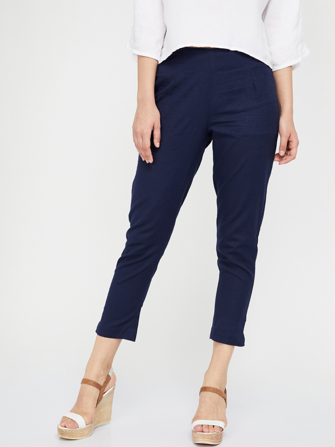 Buy Melange By Lifestyle Women Navy Blue Regular Fit Solid Cigarette ...