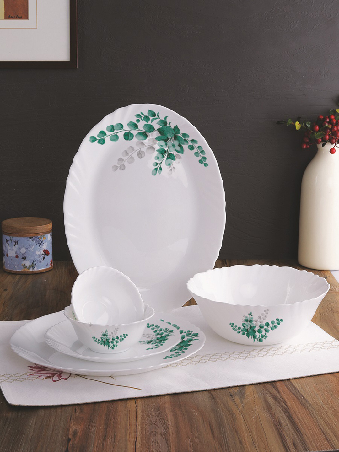 Buy Cello White & Green 27 Pieces Aqua Leaves Printed Ceramic Imperial Dinner Set - Dinnerware ...