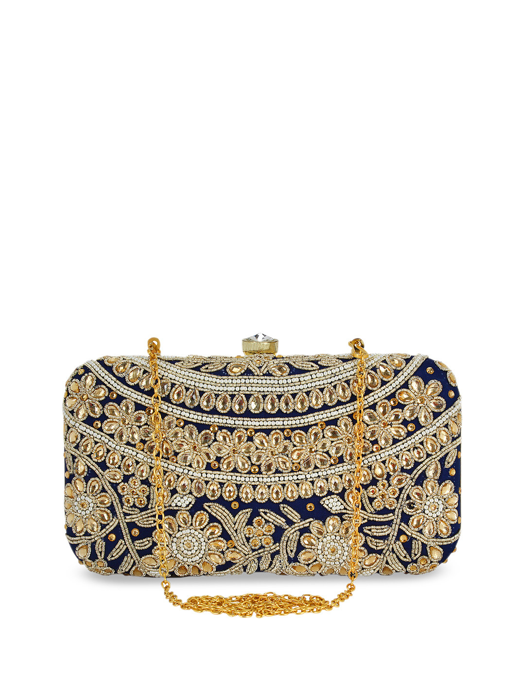 Buy Anekaant Navy Blue & Gold Toned Embellished Box Clutch - Clutches ...