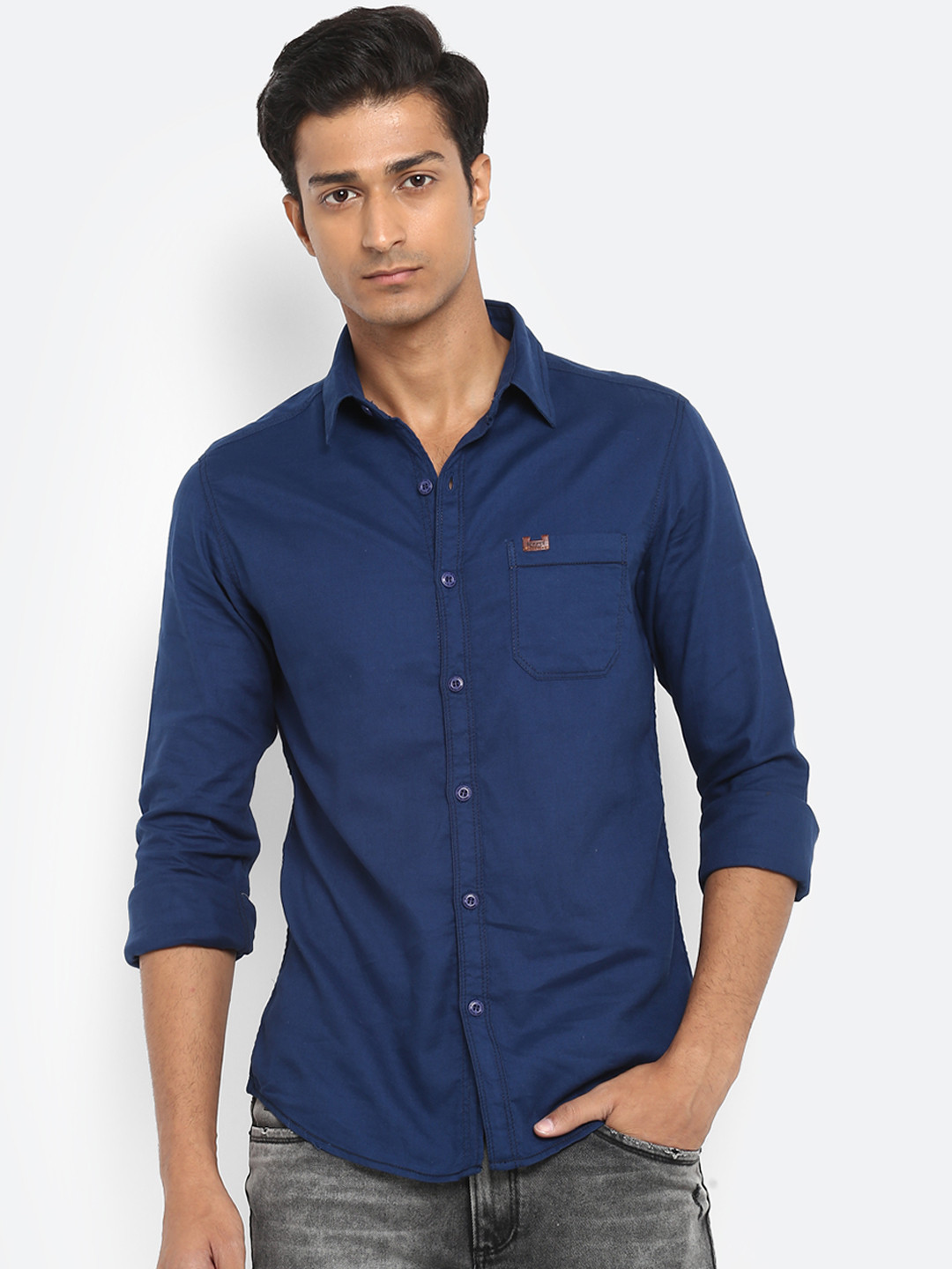 Buy Mufti Men Blue Regular Fit Solid Casual Shirt - Shirts for Men ...